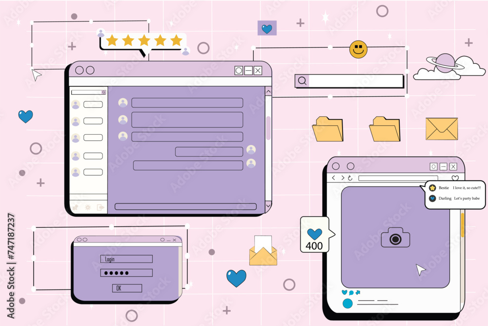 Y2k windows, retro screens in retrowave, vaporwave vintage style ...