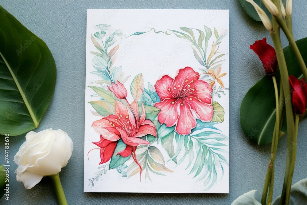 exotic red hibiscus tropical flowers frame watercolor wedding ...