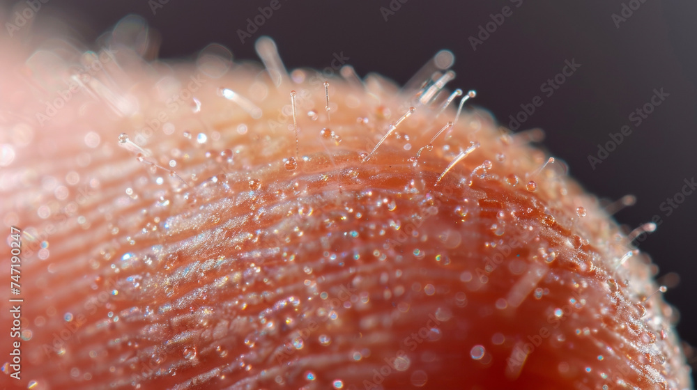 A magnified view of multiple tiny dots and lines on a persons fingertip ...