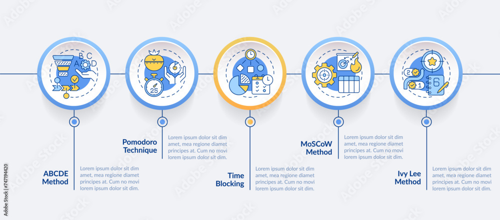 Prioritization techniques circle infographic template. Time management. Data visualization with ...