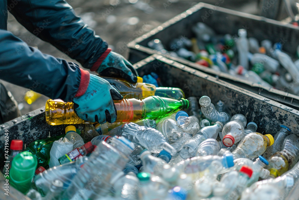 impactful photograph of an employee in gloves sorting garbage, with a ...