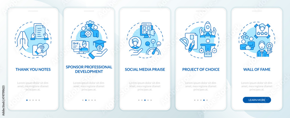 Employee acknowledgement blue onboarding mobile app screen. Walkthrough ...