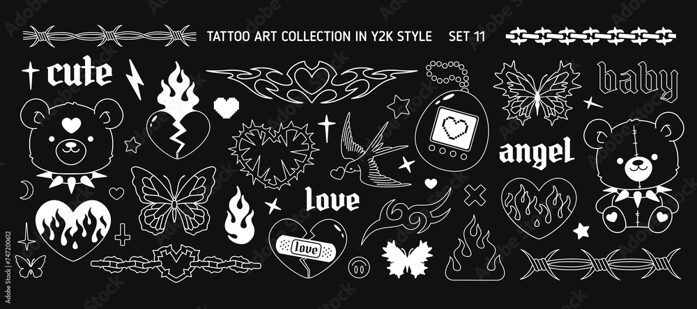 Y2k fashion elements in 2000s style set 11. Y2k Gothic heart, butterfly ...