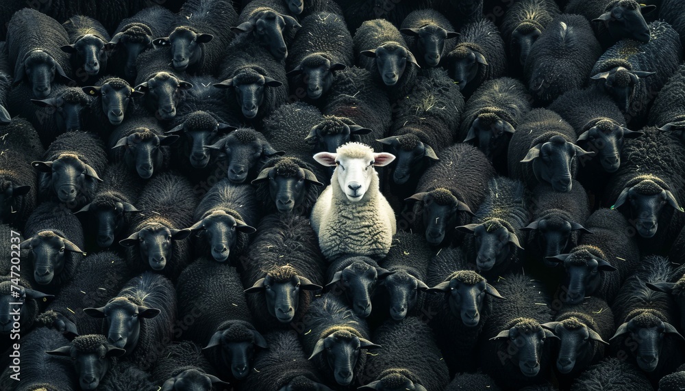 One white sheep in a flock of black sheep in a pasture generated AI ...