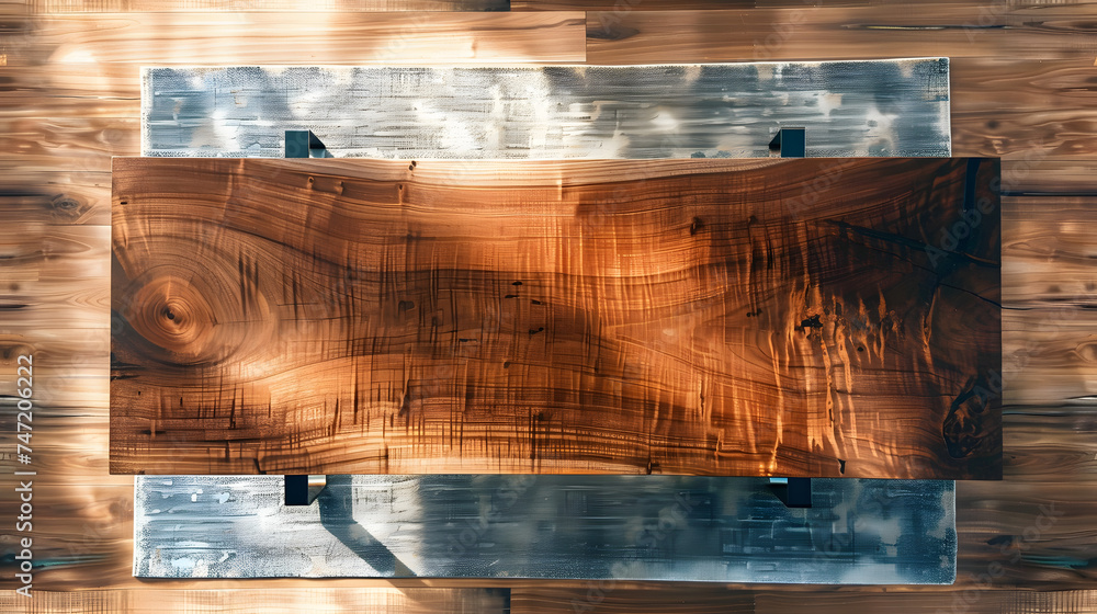 Top down view of walnut solid wooden dining table with black metal base ...