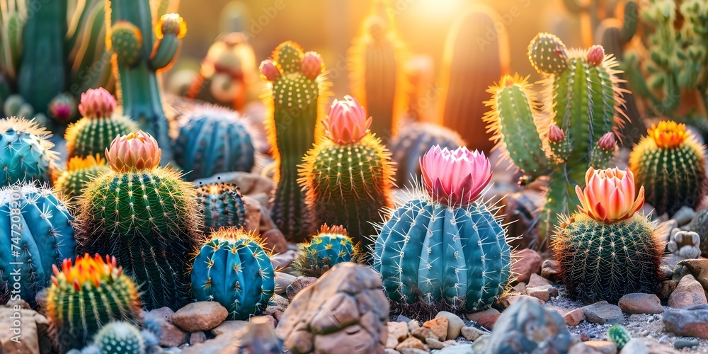 Variety of cacti in harsh desert setting under scorching sun rays ...