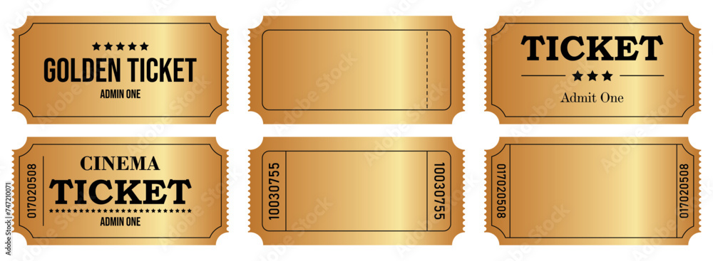 Golden ticket vector set. Vintage golden coupon collection isolated on ...