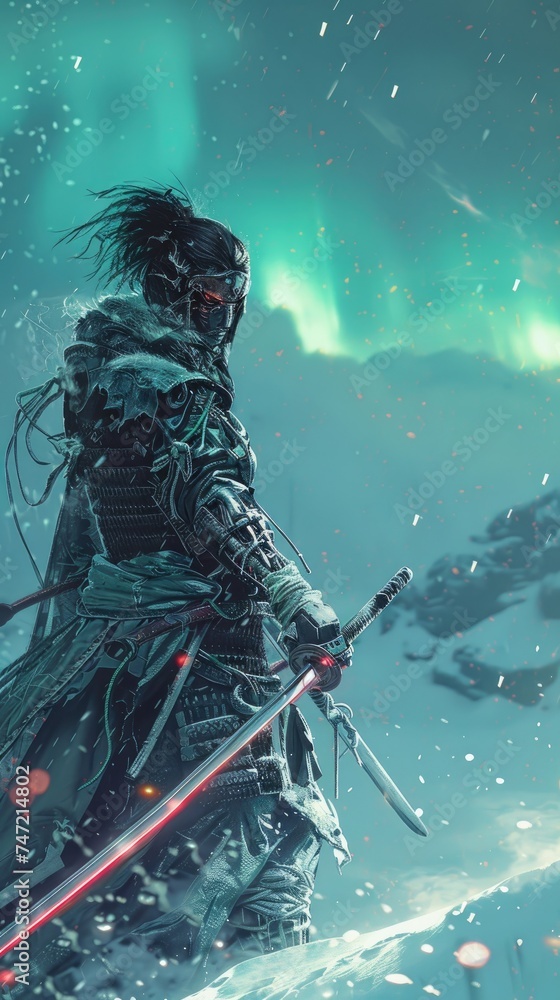 Cyborg warrior in ancient ninja garb, facing snowstorm under aurora ...