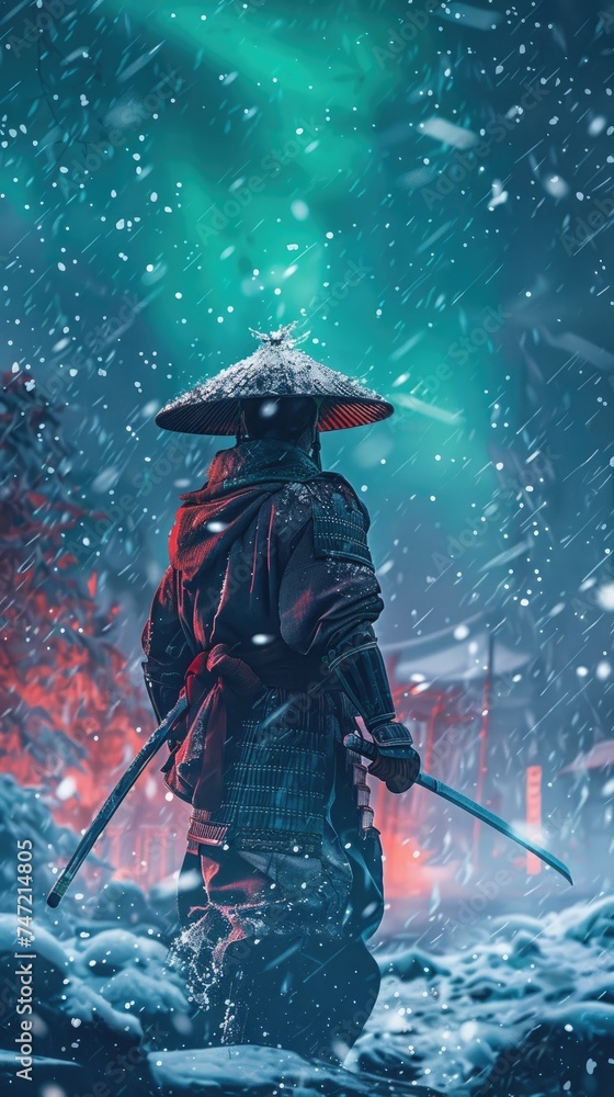 Cyborg warrior in ancient ninja garb, facing snowstorm under aurora ...