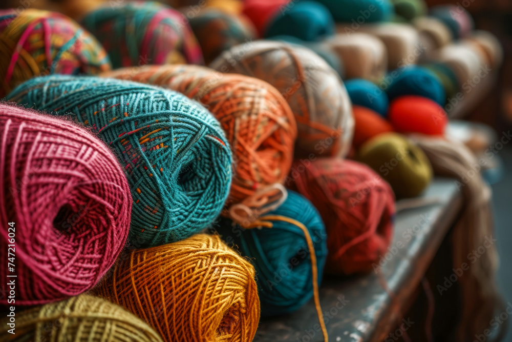 Generative AI illustration of rows of colorful wool yarn balls line up ...