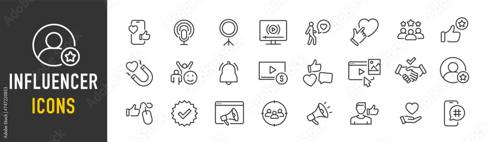 Influencer web icons in line style. Content, community, promotion ...
