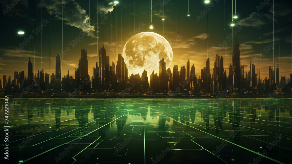 Futuristic city skyline witnessing the green flash phenomenon, with ...