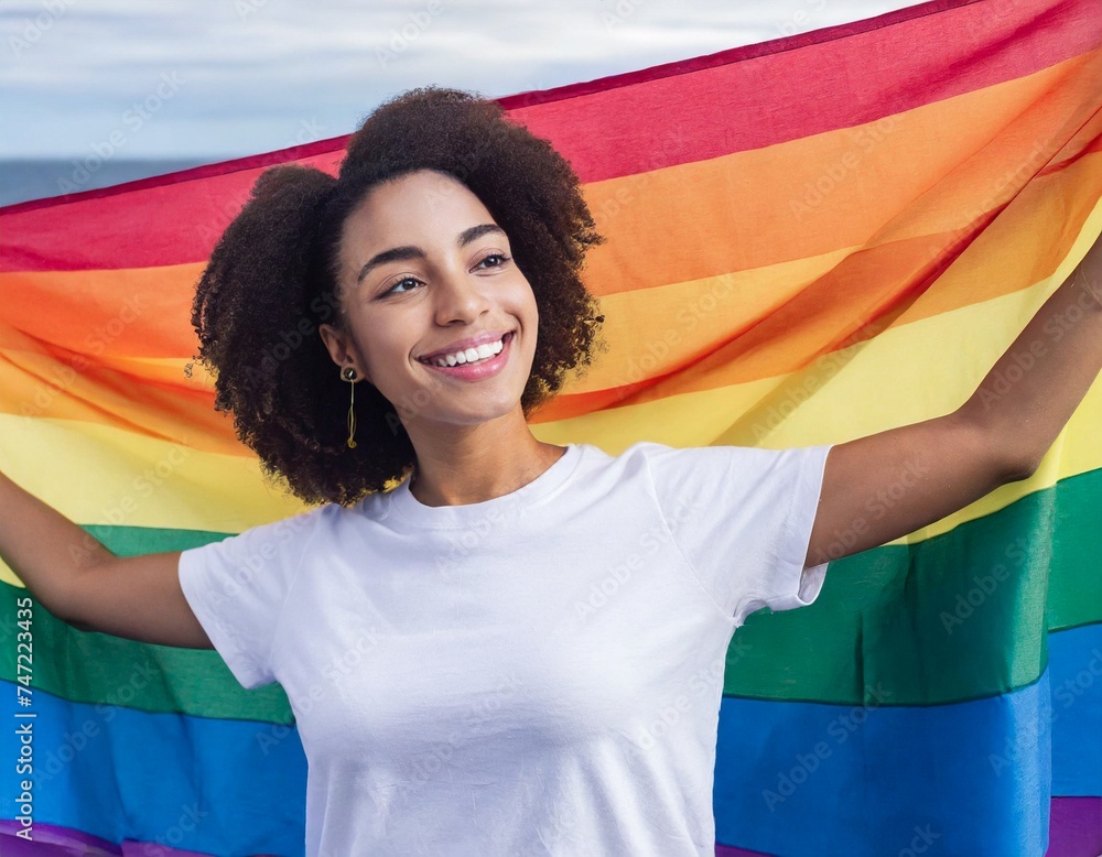Beautiful young lesbian woman wearing a blank white mockup t-shirt ...