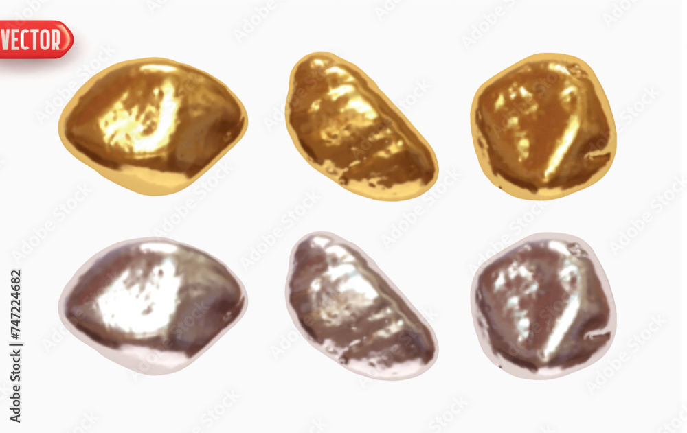 Golden and silver stones nugget, rock minerals. Set of gold and silver ...