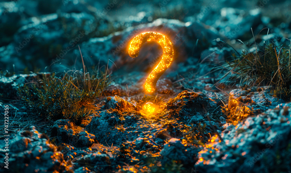 Mystical Glowing Question Mark Imprinted on Earthy Ground Signifying ...