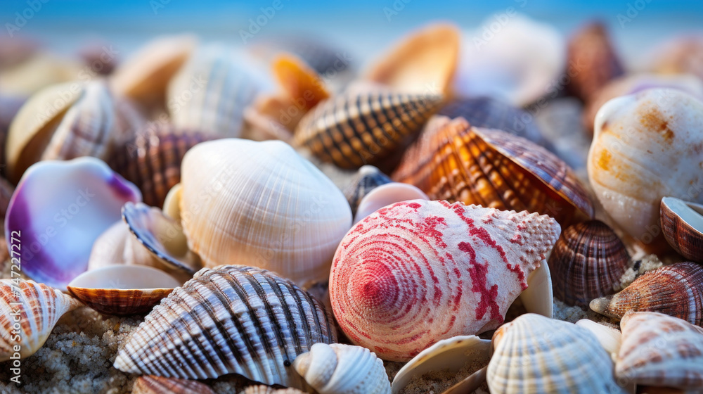 Vivid close-up image of collection of sea shells in array of colors and ...