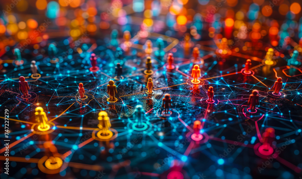 Colorful figurines connected by lines on a network grid illustrating ...