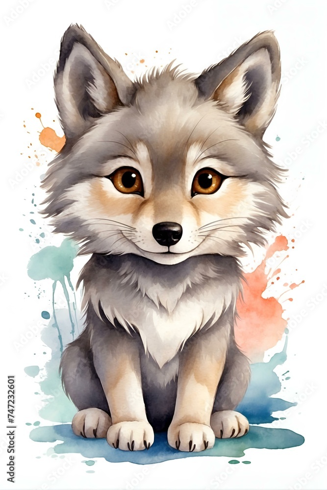 Cute and fluffy fox cub sitting, portrayed in soft watercolors with ...