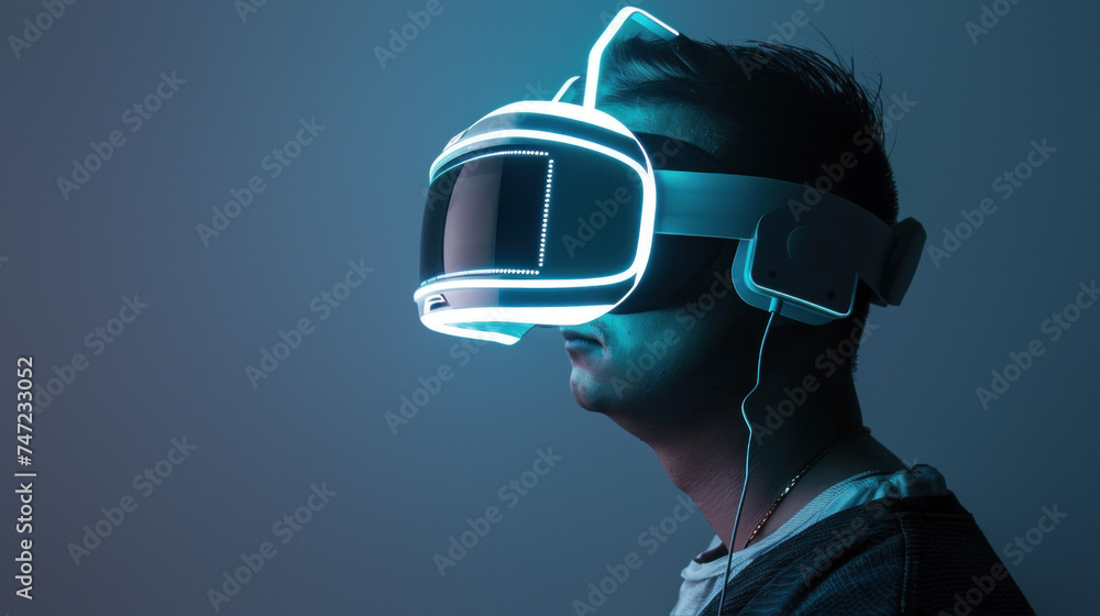 An individual dons a VR headset, the face is blurred, highlighting ...