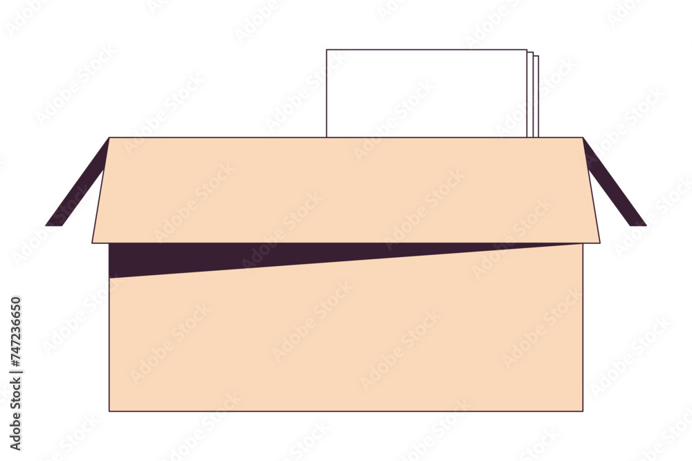 Open cardboard box with documents 2D linear cartoon object. Packing ...