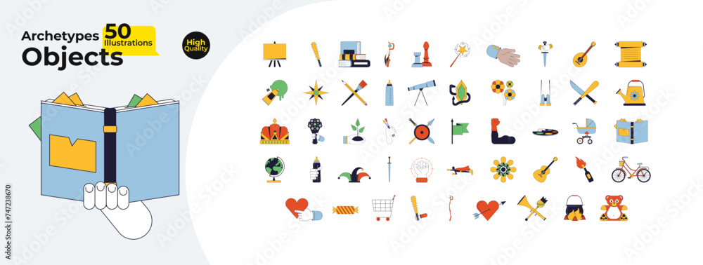 Archetypal symbols 2D linear cartoon objects bundle. Fantasy roleplay ...