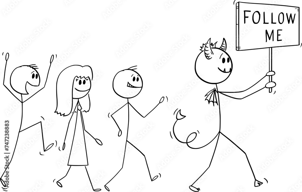 Devil Walking With Follow Me Sign, Vector Cartoon Stick Figure ...