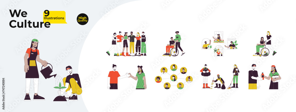 Community cooperation line cartoon flat illustration bundle. Volunteer ...