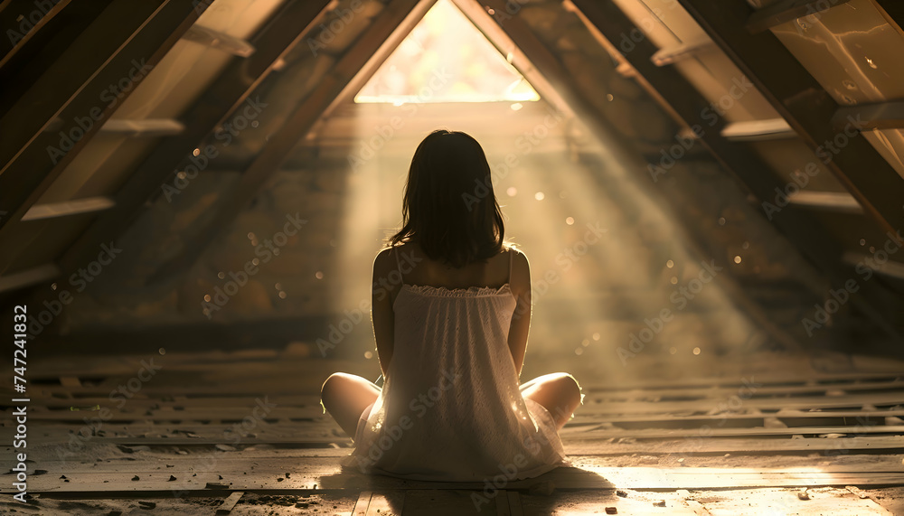 The back silhouette of a sad girl sitting on the floor of an attic room ...