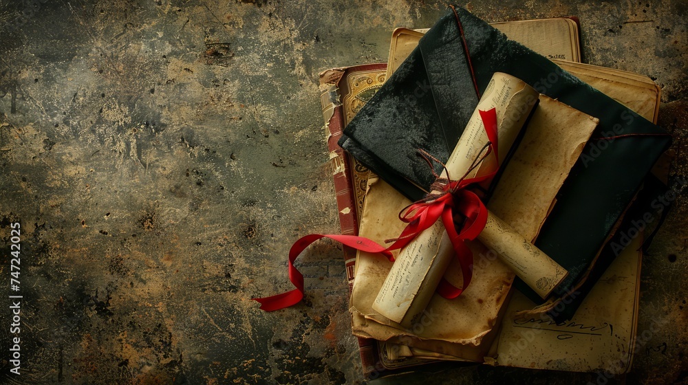 A stack of ancient, worn books with vacant space to the left has a ...