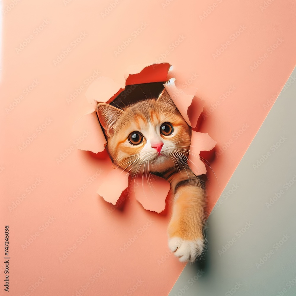 Cute kitten rip off and climbing out of a pastel color background ...