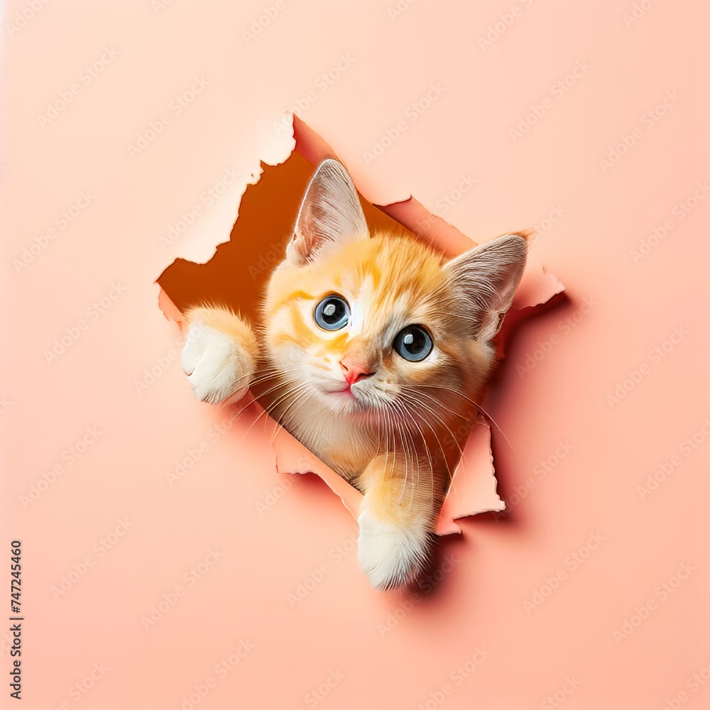 Cute kitten rip off and climbing out of a pastel color background ...