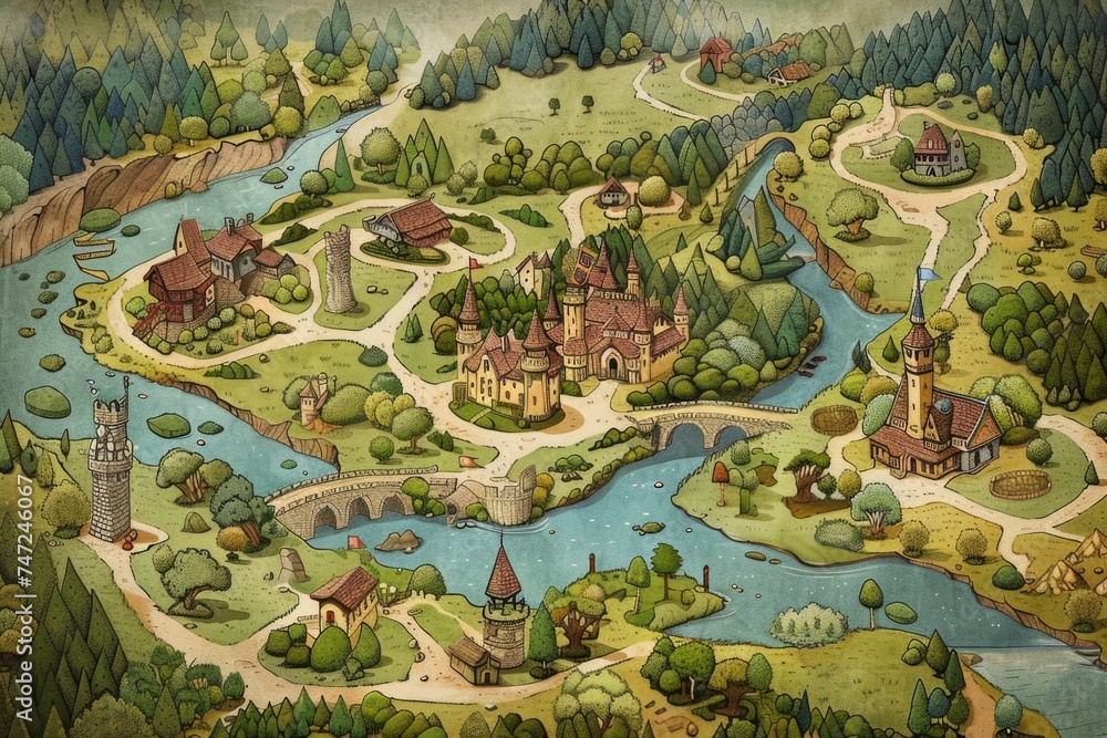 An intricate, hand-drawn map illustration depicting a fantasy realm ...