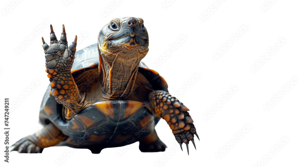 This high-quality image features a turtle with its paw up as if waving ...