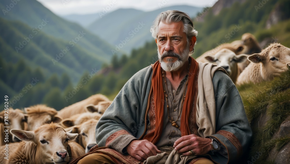 The Pastoral Scene Where the Shepherd, Adorned in Traditional Attire ...