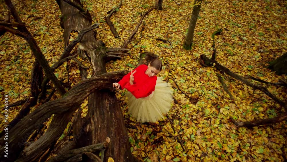 Alone in the autumn forest, a woman dances ballet. Her elegant ...