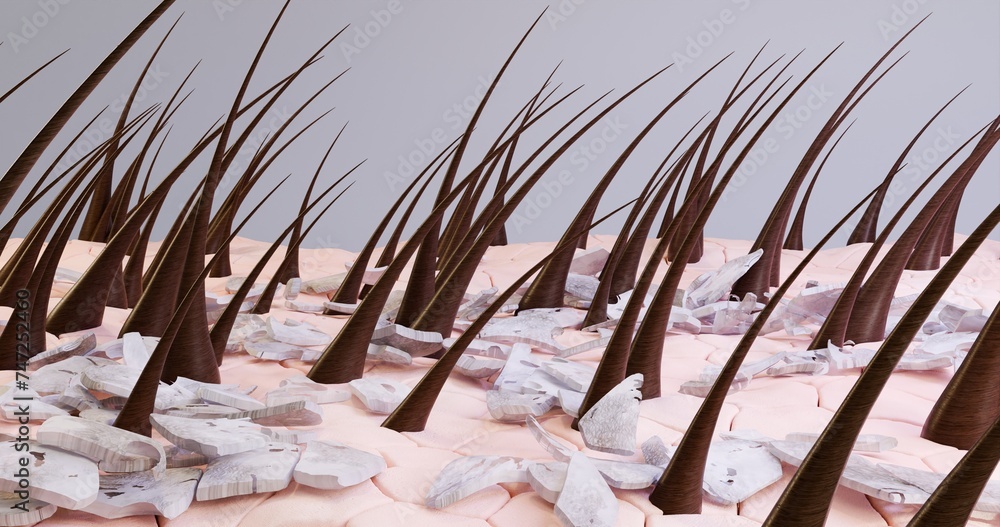 3D render illustration of a layer of dandruff, a layer of hair ...