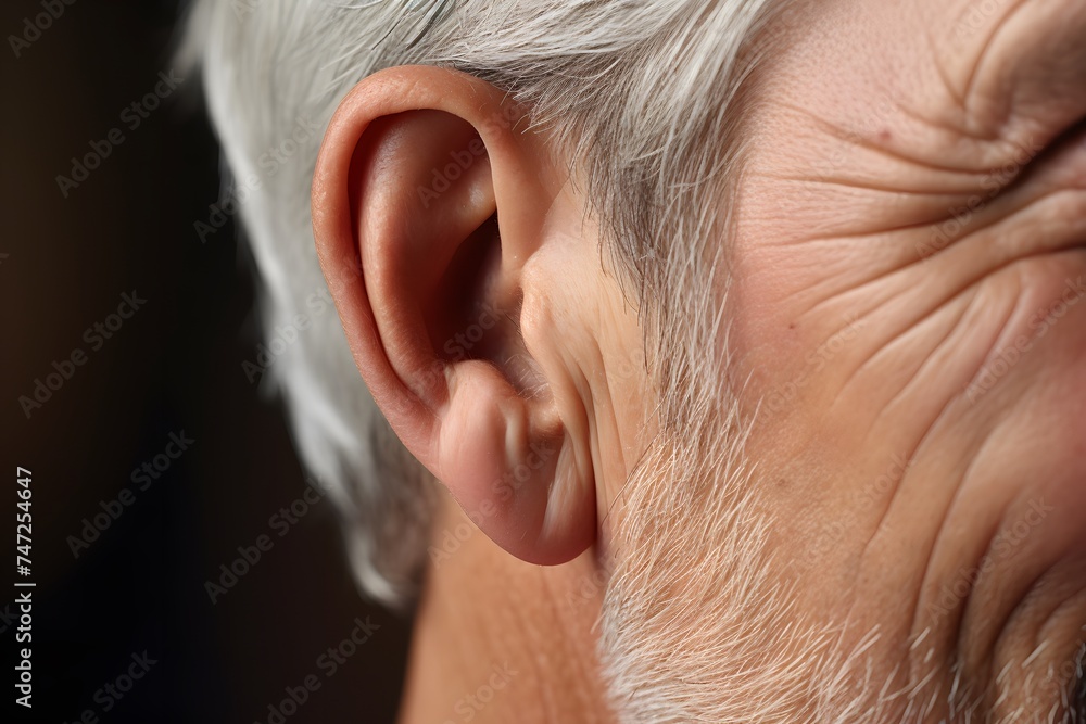 An old man's ear. The structure of a human auricle. Close-up senior man ...