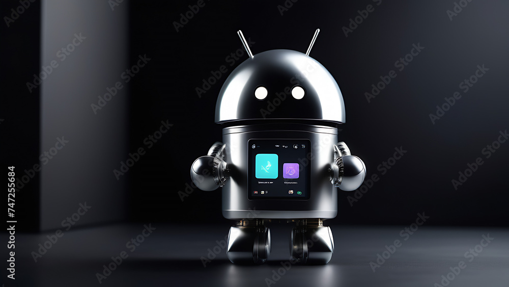 Cute android robot with free space for text on black background. Global ...