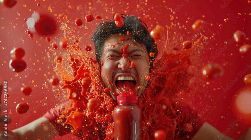 Fototapeta A person squeezes a ketchup bottle too hard, causing a comical explosion of ketchup ...