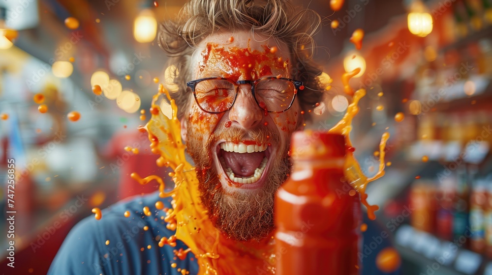 A person squeezes a ketchup bottle too hard, causing a comical explosion of ketchup that ...
