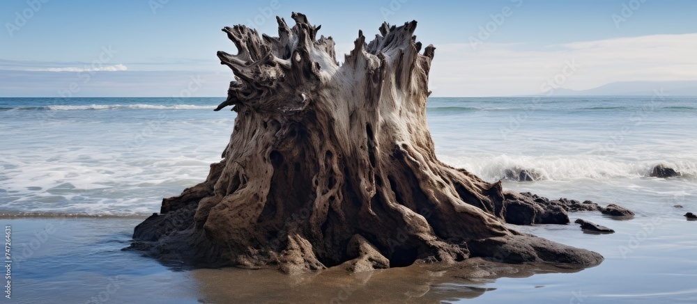 Foto de A large tree stump is seen sitting on top of a sandy beach next to the ocean. The ...