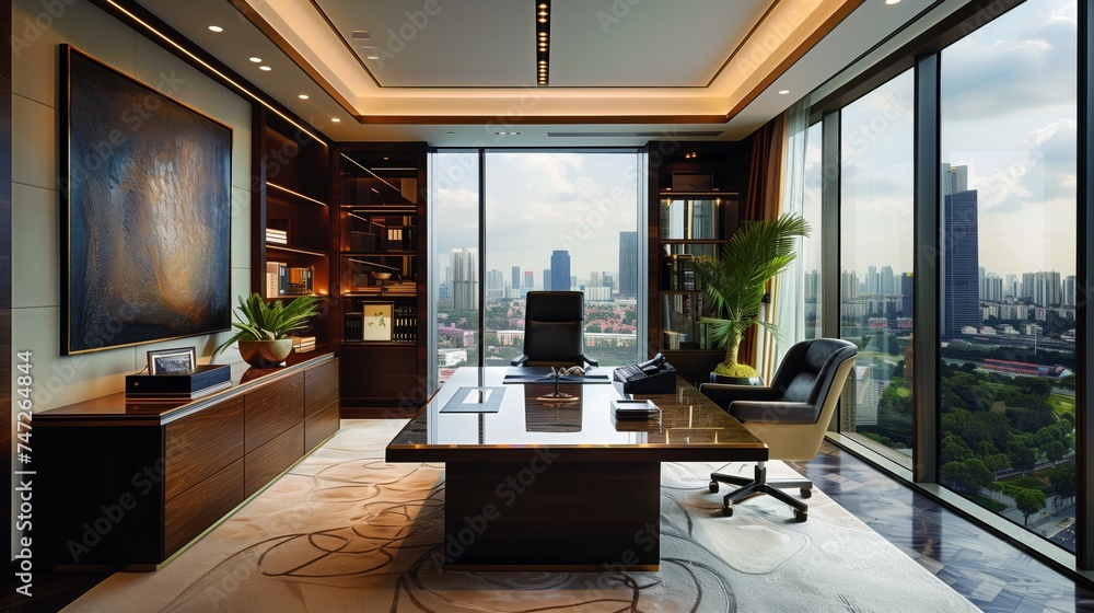 Spacious modern office featuring a large desk, city views, and ...