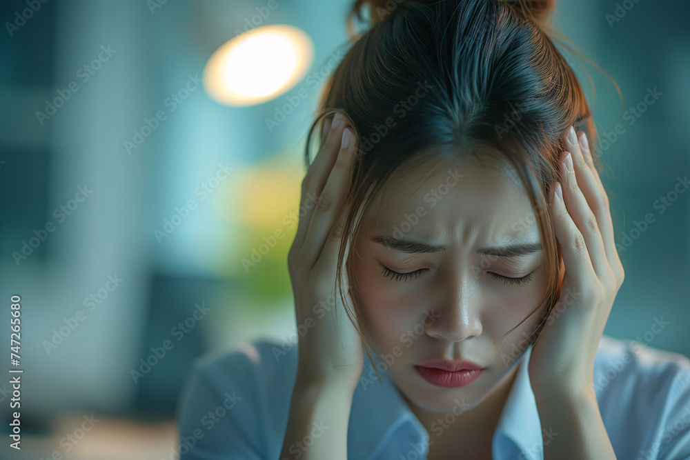 A young woman experiencing stress and a severe headache, holding her ...