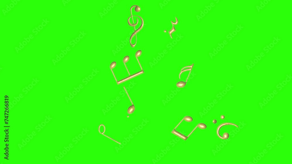 Musical notes signs elements, gold textured, on green screen chroma key ...