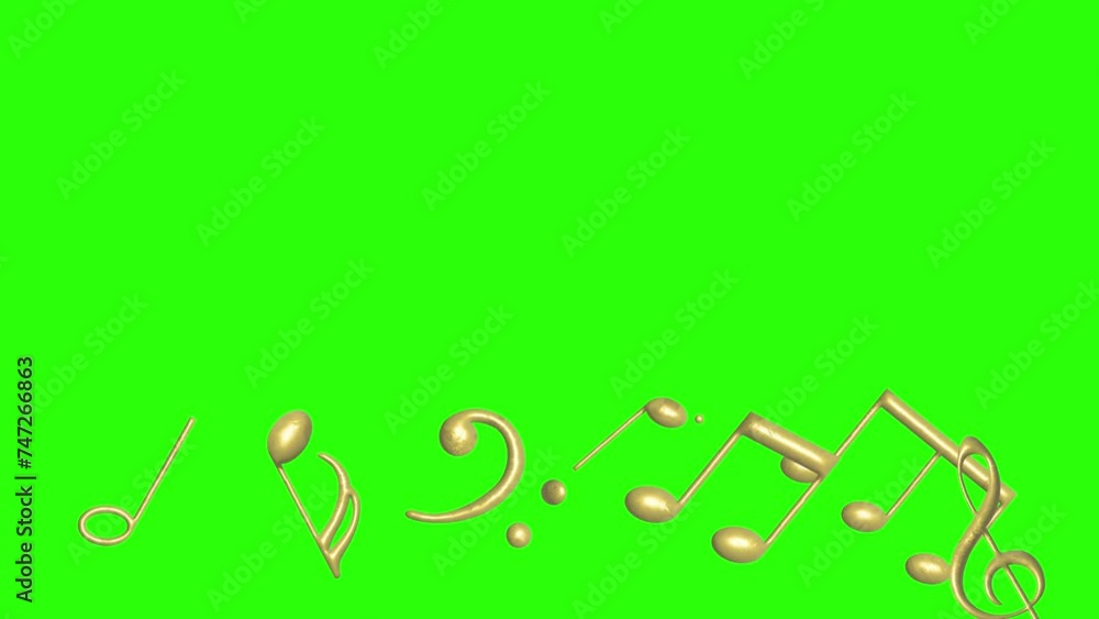 Musical notes signs elements, gold textured, on green screen chroma key ...