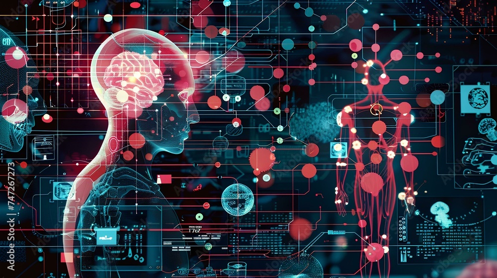 Futuristic medical illustration of human skeleton in blue background ...