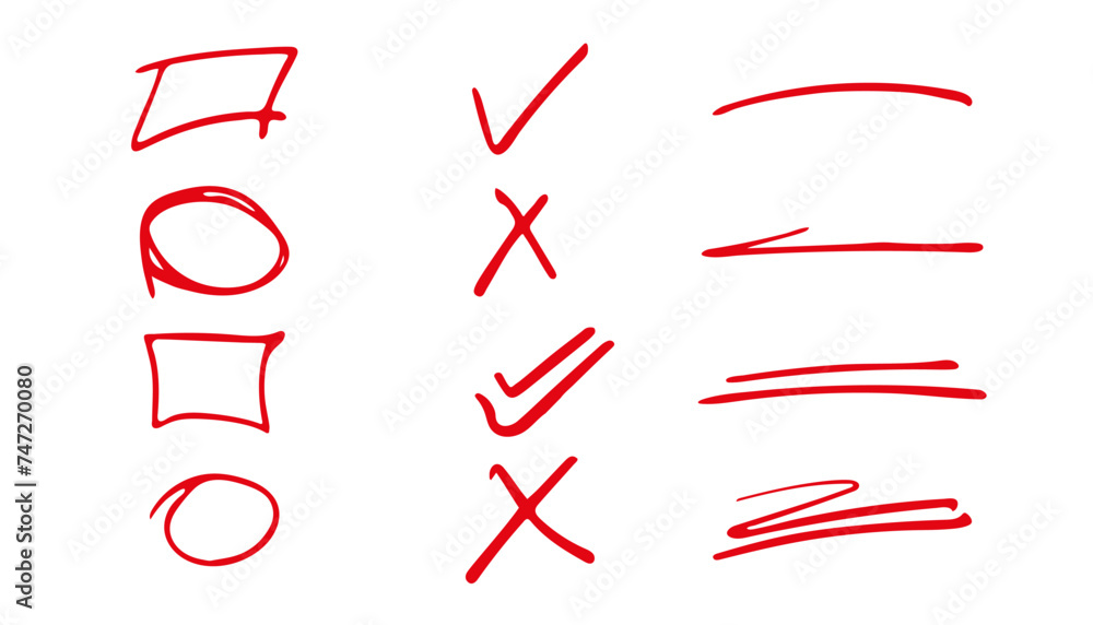 Hand drawn check mark and brush lines, red marker, check mark ...