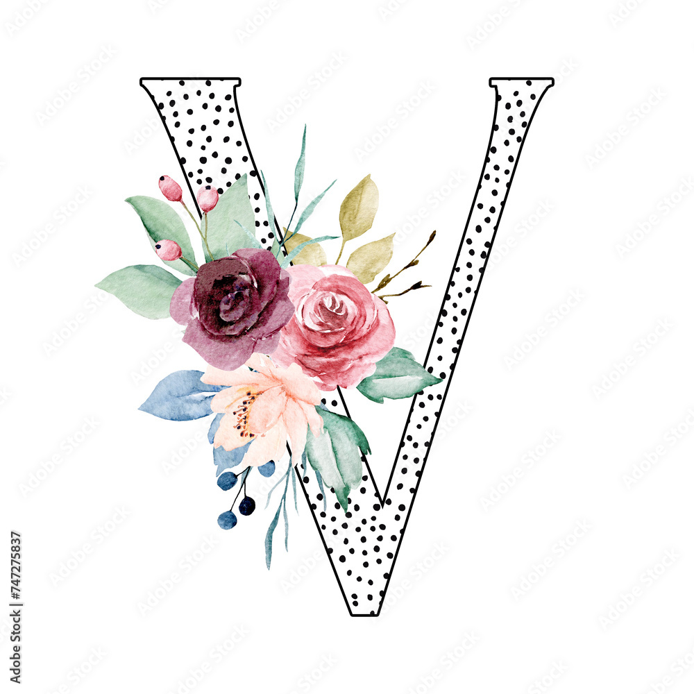 Letter V with watercolor flowers and leaf. Monogram initial, letterhead ...