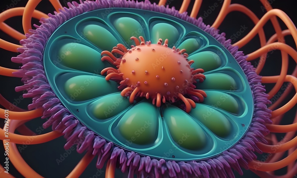 A complex viral structure, inspired by aquatic life, is depicted with a ...