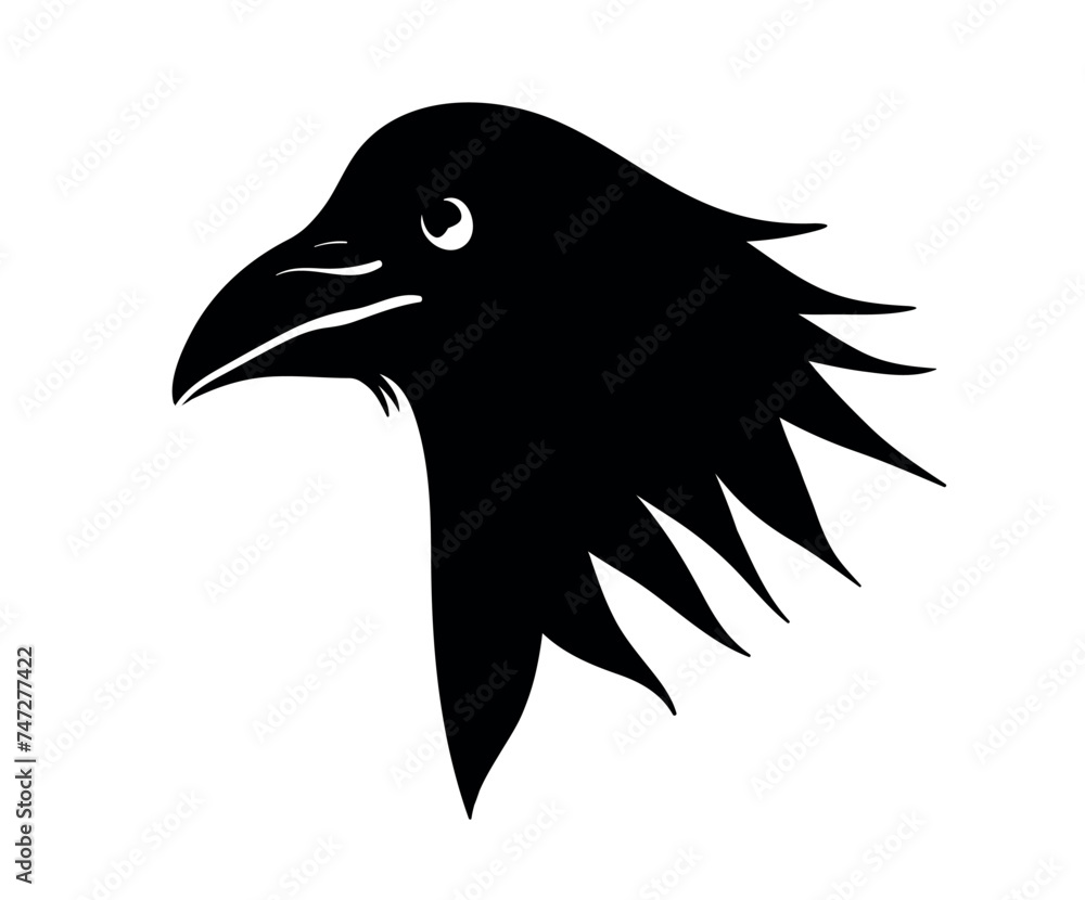Raven head, crow drawn in ink. Cute cartoon bird, isolated black bird ...